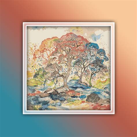 Tree Landscape Cross Stitch Pattern Instant PDF Download Tree Line And Lake Watercolor Cross