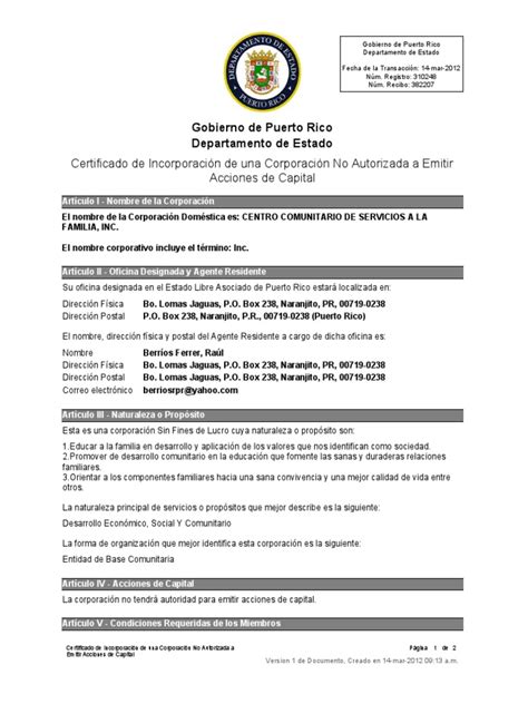 Certificado De Incorporación Y Enmienda A Propósitos Centro