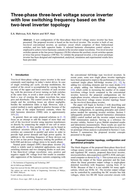 Pdf Three Phase Three Level Voltage Source Inverter With Low Switching Frequency Based On The