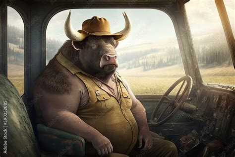 Fat Buffalo In Clothes A Trucker Driver Sits In The Car Created With