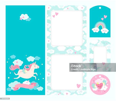 유니콘 테마 기프트 태그와 꽃 카드와 2 면 인사말 또는 초대 카드 템플릿 프레임에 대한 스톡 벡터 아트 및 기타 이미지 프레임 귀여운 유니콘 Istock