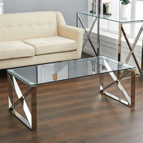 Modern Clear Tempered Glass Coffee Table With Chrome Triangle Legs