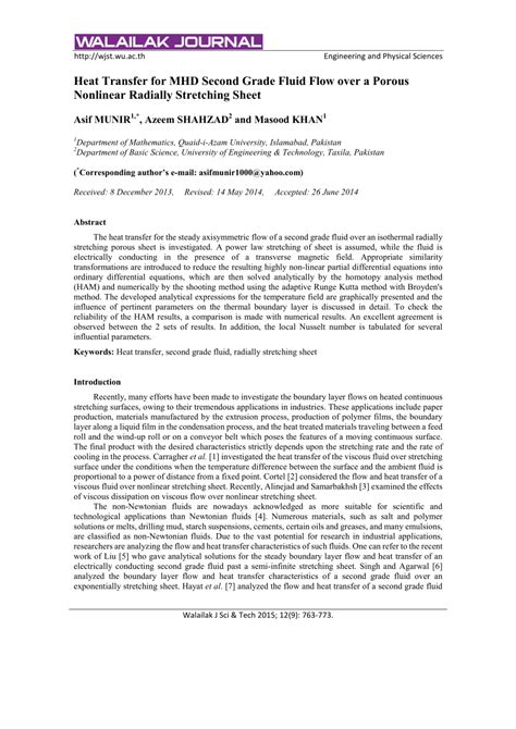 Pdf Heat Transfer For Mhd Second Grade Fluid Flow Over A Porous Nonlinear Radially Stretching