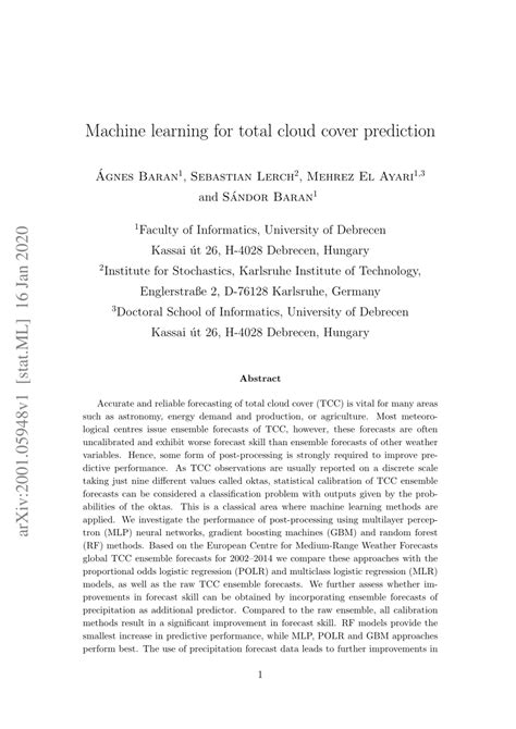Pdf Machine Learning For Total Cloud Cover Prediction