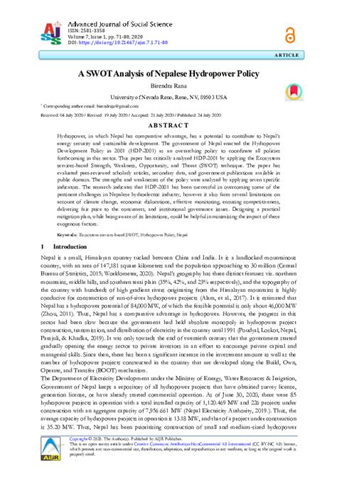 Pdf A Swot Analysis Of Nepalese Hydropower Policy
