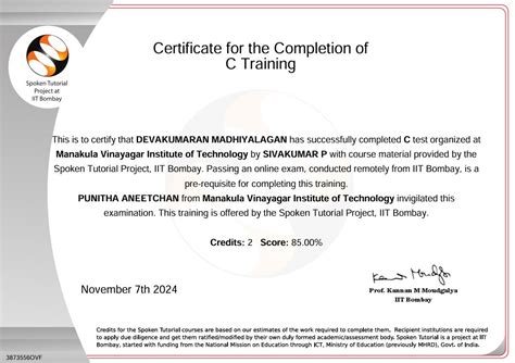 Cprogramming Iitbombay Spokentutorial Certification Devakumaran M