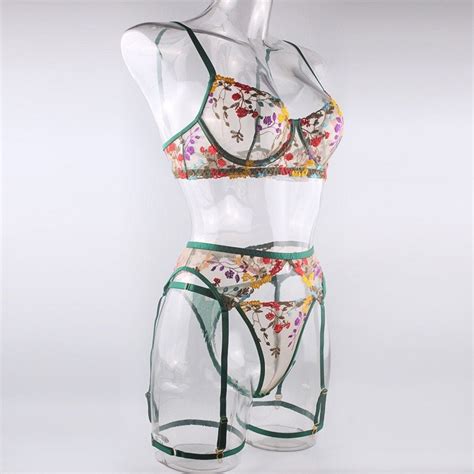 Boho Embroidered Lingerie Set Green Boudoir Lingerie High Quality