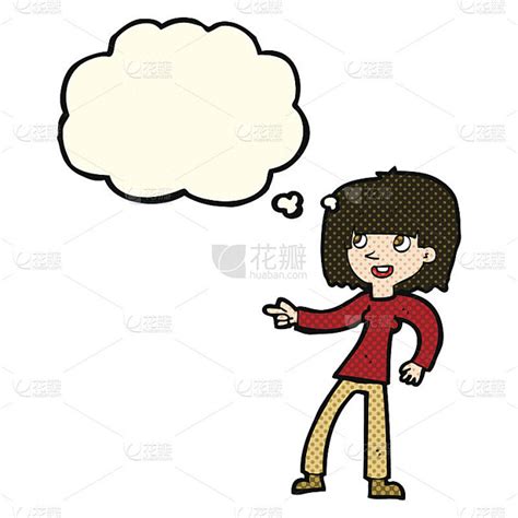 卡通女孩用思想泡泡指点着