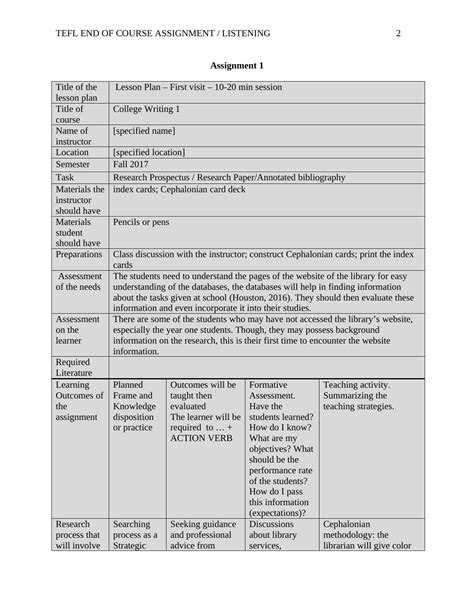 TEFL Assignment College Writing 1 Lesson Plans Fall 2017