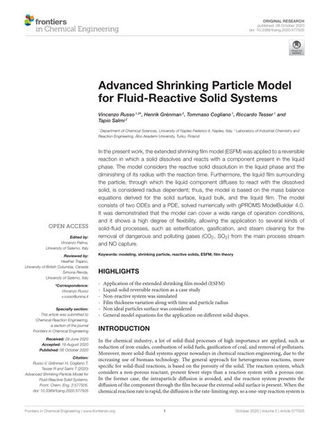 Pdf Advanced Shrinking Particle Model For Fluid Reactive Solid Systems