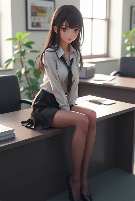 Photorealism12 Office Anime Girl Sitting On Desk With Panty Hose