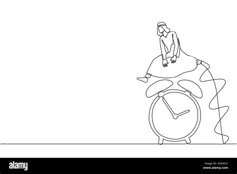 Single Continuous Line Drawing Arabian Businessman Jump Over Time Passing Alarm Clock Overload