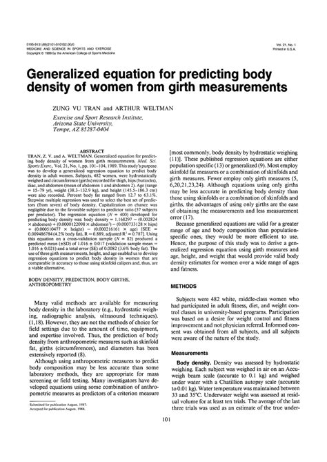 Pdf Generalized Equation For Predicting Body Density Of Women From Girth Measurements