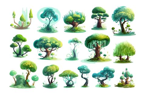 트리 벡터 설정 컬렉션 그래픽 클립 아트 디자인 평면 벡터 일러스트 레이 션 흰색 배경에 고립 프리미엄 벡터