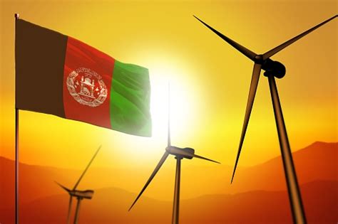 아프가니스탄 바람 에너지 풍력 및 일몰 산업 일러스트 레이 션신 재생 대체 에너지 3 차원 일러스트 레이 션에 플래그 대체 에너지 환경 개념 아프가니스탄에 대한 스톡 사진