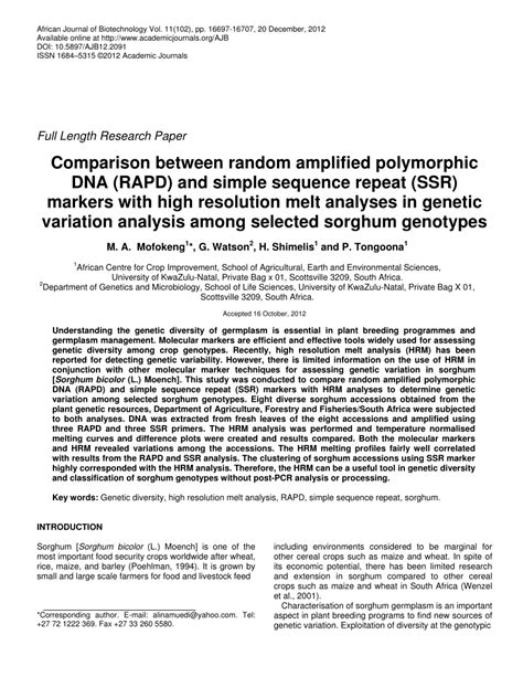 Pdf Comparison Between Random Amplified Polymorphic Dna Rapd And Simple Sequence Repeat Ssr