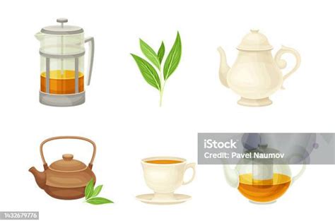 양조 벡터 세트를위한 뜨거운 향기로운 음료가있는 접시와 주전자에 차 컵 오후 차에 대한 스톡 벡터 아트 및 기타 이미지 오후