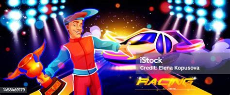 만화 스타일의 스포츠와 승리 개념 추상적인 색 배경에 경주하는 미래 자동차를 가진 레이서에 집중합니다 레이스 트랙 결승선 1위에 대한 스톡 벡터 아트 및 기타 이미지