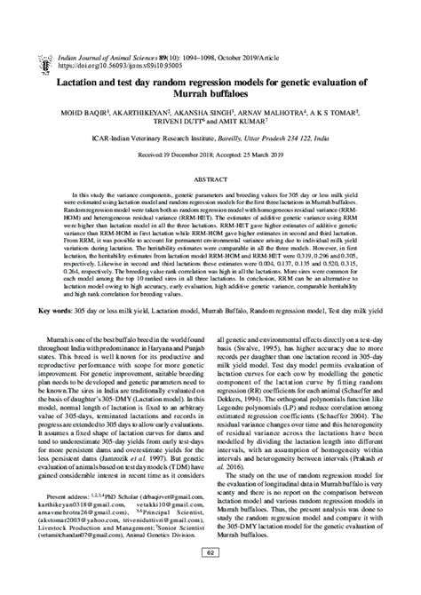 Pdf Lactation And Test Day Random Regression Models For Genetic Evaluation Of Murrah Buffaloes