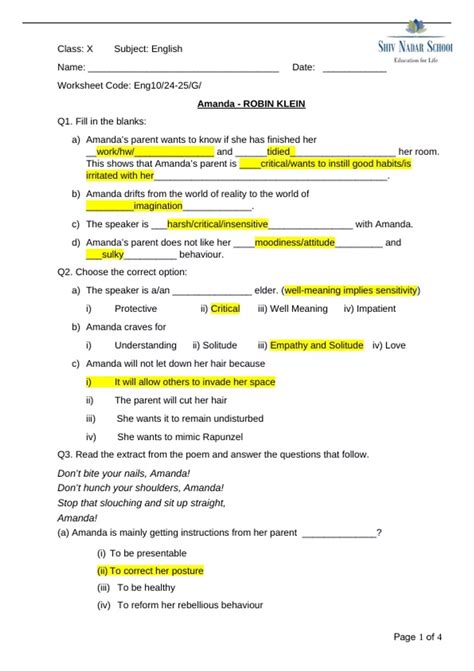 Answerkey Class 10 Amanda 2026 Boards English Stuvia Us