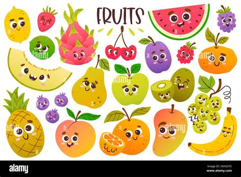 Cute Fruit Collection With Cartoon Faces Isolated Colorful Cliparts Colorful Illustration