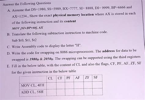 Answer The Following Questions A Assume That Ds1980 Ss5989 Bx7777 Si 8888 Di 9999 Bp