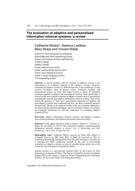 pdf the evaluation of adaptive and personalised information retrieval