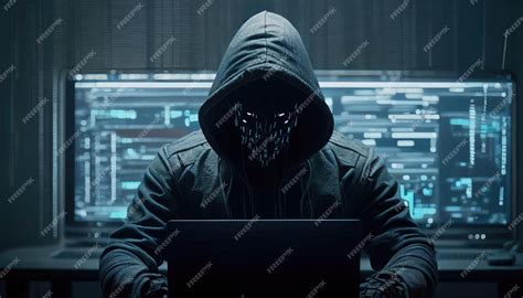Hacker In Hoodie Sitting At The Laptop Hacker In A Dark Mask Displays