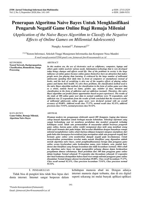 Pdf Penerapan Algoritma Naive Bayes Untuk Mengklasifikasi Pengaruh Negatif Game Online Bagi