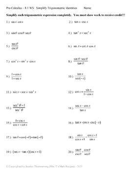 Pre Calculus H Section 8 1 HW WS Simplifying Trigonometric Identities
