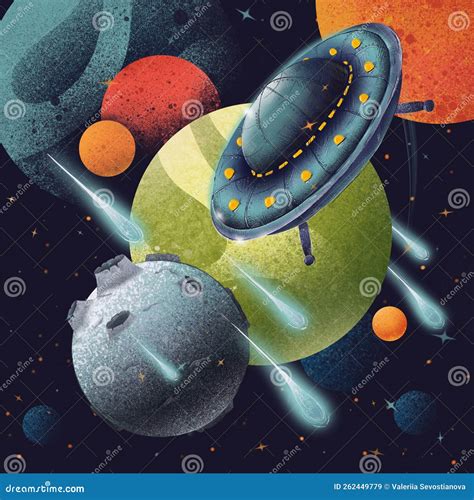 Cute Spaceship Illustration In Space Digital Illustration For