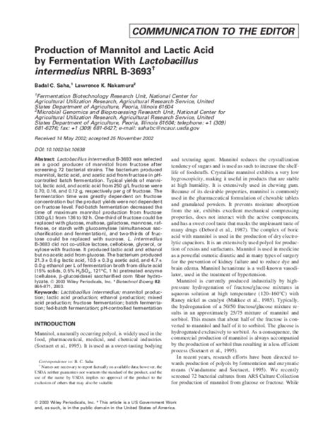 Pdf Production Of Mannitol And Lactic Acid By Fermentation With Lactobacillus Intermedius Nrrl