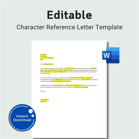 Editable Character Reference Letter Template Character Reference Letter Character Reference