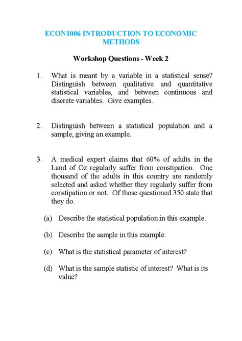 Week 2 Workshop Exercises Econ1006 Introduction To Economic Methods Workshop Questions