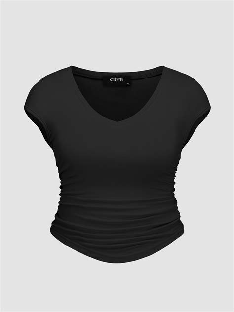 Knit Fabric Solid Ruched Short Sleeve Top Curve And Plus For Daily Casual