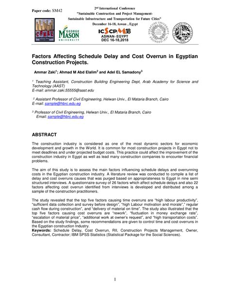 Pdf Factors Affecting Schedule Delay And Cost Overrun In Egyptian Construction Projects