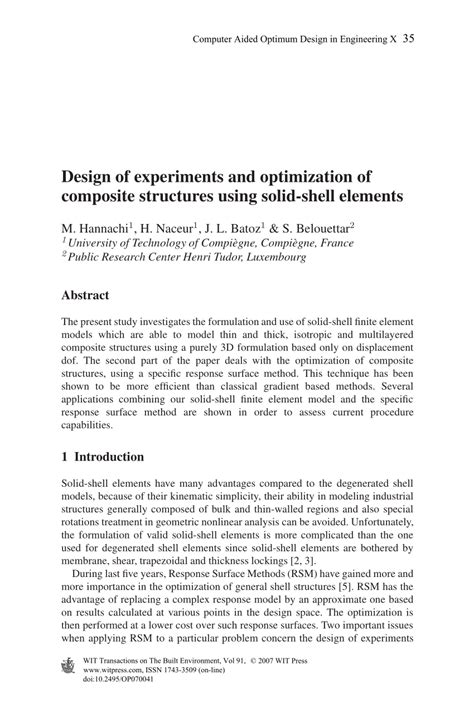 Pdf Design Of Experiments And Optimization Of Composite Structures Using Solid Shell Elements