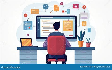 Man Sits At Desk With Computer Illustration Shows Workflow Automation System Computer Screen