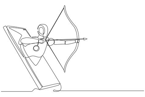 Continuous One Line Drawing Robots Come Out From Cellular Phone Holding Bow And Arrow Aiming To