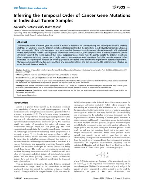 Pdf Inferring The Temporal Order Of Cancer Gene Mutations In Individual Tumor Samples