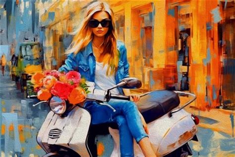 نقاشی با چاقو اکریلیک تصویر پرتره دختری که گل در دست دارد جدا شده روی