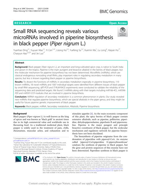 Pdf Small Rna Sequencing Reveals Various Micrornas Involved In Piperine Biosynthesis In Black