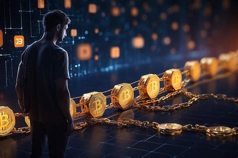 Premium Photo Blockchain Technology Concept With A Chain Of Encrypted Blocks And Person In