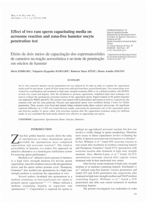 PDF Effect Of Two Ram Sperm Capacitating Media On Acrosome Reaction And Zona Free Hamster