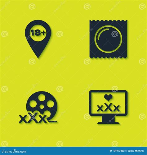 Set Location With 18 Plus Monitor Content Film Reel Sex And Condom In Package Icon Vector