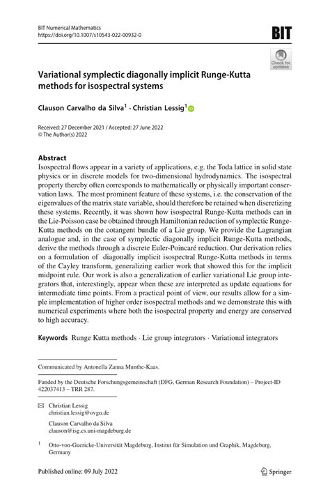 Pdf Variational Symplectic Diagonally Implicit Runge Kutta Methods For Isospectral Systems