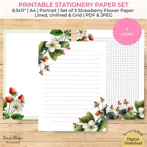 Printable Stationery Paper Set Strawberry Flower Stationery Letter