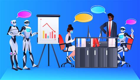 플립 차트 인공 지능에 금융 통계 데이터를 분석 하는 아프리카 계 미국인 사업가와 로봇 경영자에 대한 스톡 벡터 아트 및 기타