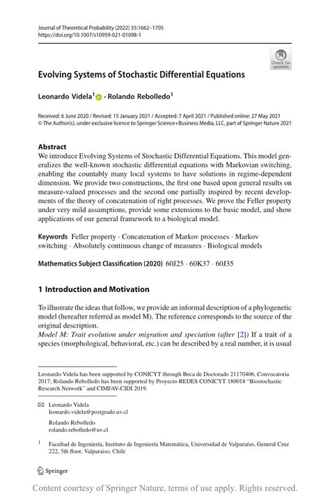 evolving systems of stochastic differential equations request pdf