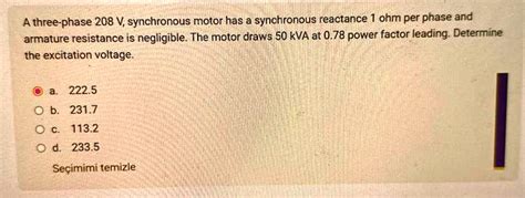 Solved A Three Phase 208 V Synchronous Motor Has A Synchronous